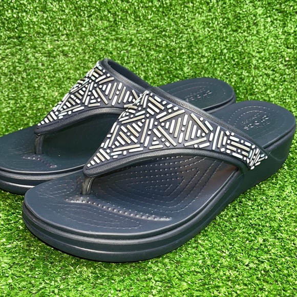 CROCS | Shoes | Crocs Monterey Beaded Navy Blue Wedge Flip Flop Thong ...